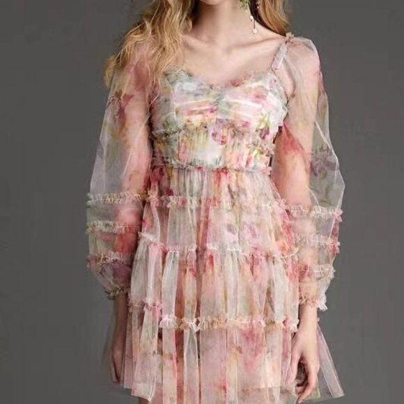 J.ING | Dresses | Nwt Jing Wedding Pink Floral Print Ruched Ruffled ...